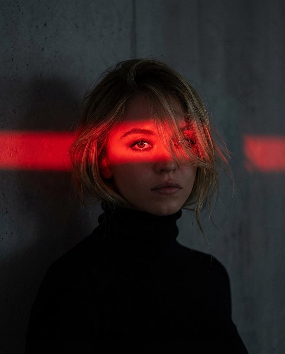 Red Light, Dark Mystery: A Cinematic Portrait - PromptGather.io